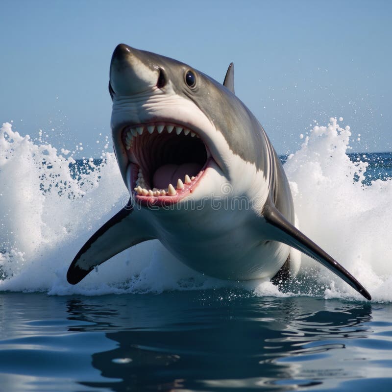 Great White Shark Jumps Out of Water Openmouthed Causing Splashing ...