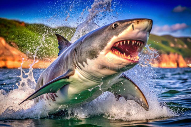Great White Shark Leaping Ocean Coastal Scene Stock Illustration ...