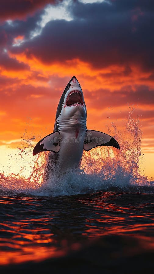Great White Shark Leaping Out of Water at Sunset with Dramatic Sky ...