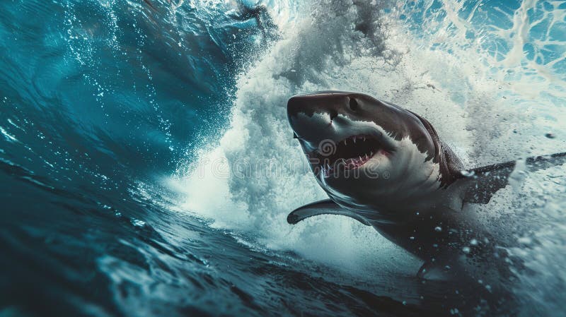 Great White Shark Leaping through Wave Stock Illustration ...