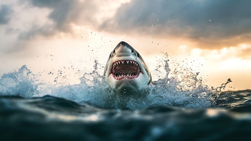 Great White Shark with Open Mouth and Sharp Teeth in Ocean Stock ...