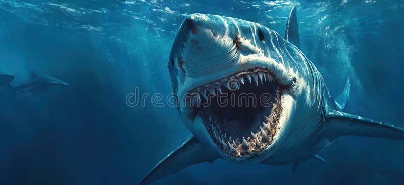Great White Shark with Open Mouth Showcasing Sharp Teeth in Deep Blue ...