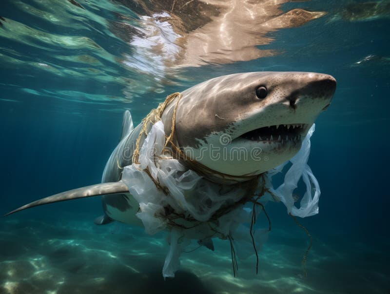 Great White Shark in Plastic Garbage. Concept of Ocean Pollution and ...