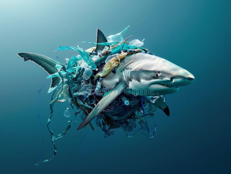 Great White Shark in Plastic Garbage. Concept of Ocean Pollution and ...
