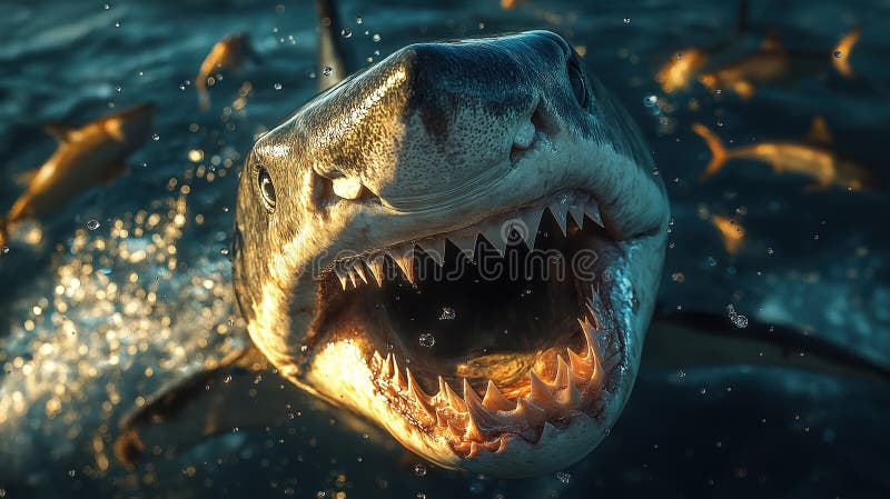Great White Shark Powerful Jaws Open Wide in Ocean. Predator Sharp ...