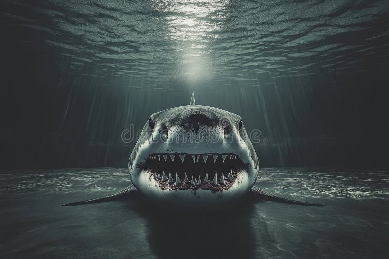A Great White Shark S Face Emerging from Darkness, Rows of Razor-sharp ...