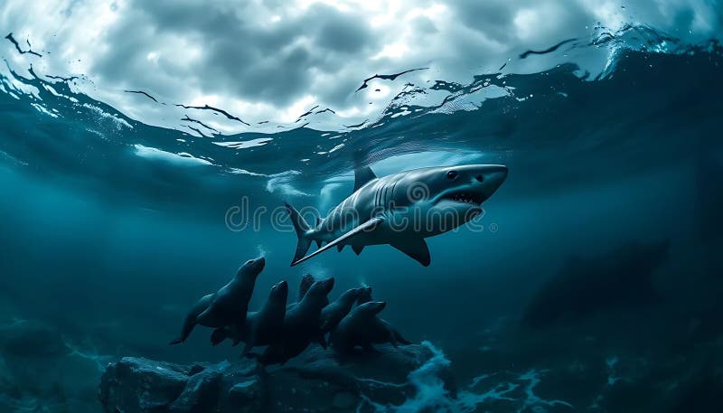 Shark and Seals Underwater stock illustration. Illustration of seals ...
