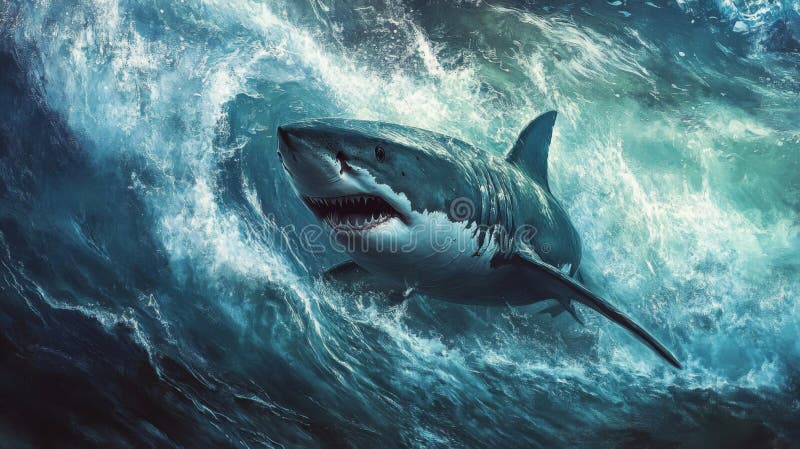 Great White Shark Surging through Ocean Waves Stock Illustration ...