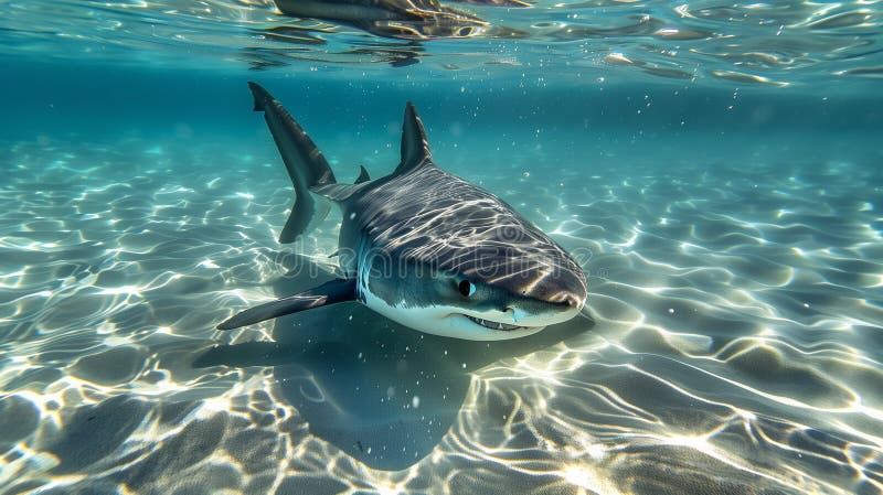 Great White Shark Swimming in Crystal Clear Waters Stock Illustration ...