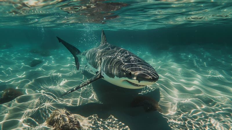 Great White Shark Swimming in Crystal Clear Waters Stock Illustration ...