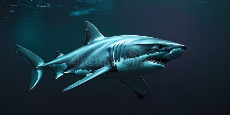 Great White Shark Swimming in Dark Ocean Waters. Stock Photo - Image of ...