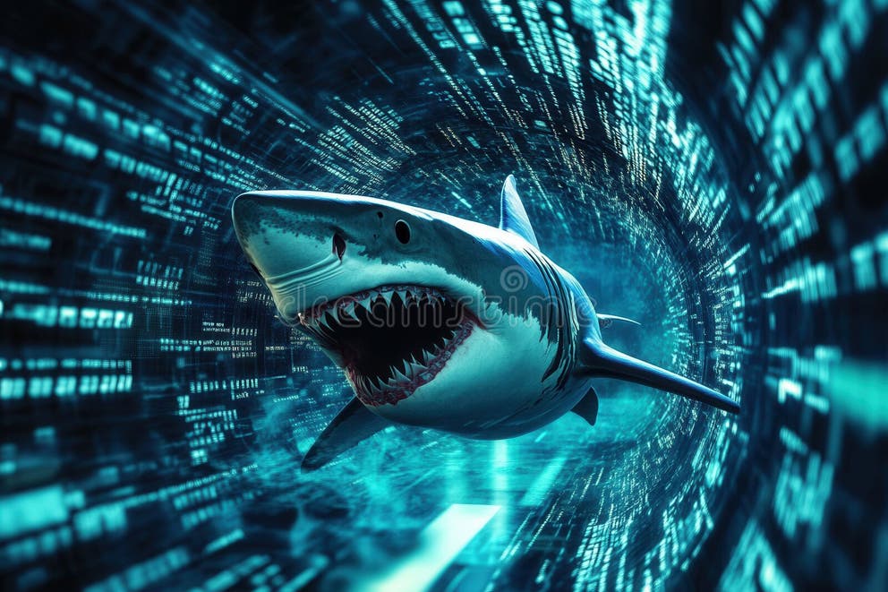 Great White Shark Swimming through Digital Data Tunnel Symbolizing ...