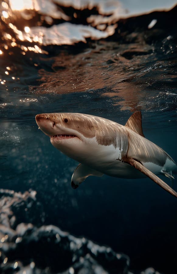 Great White Shark Swimming Near Ocean Surface at Sunset Stock Photo ...