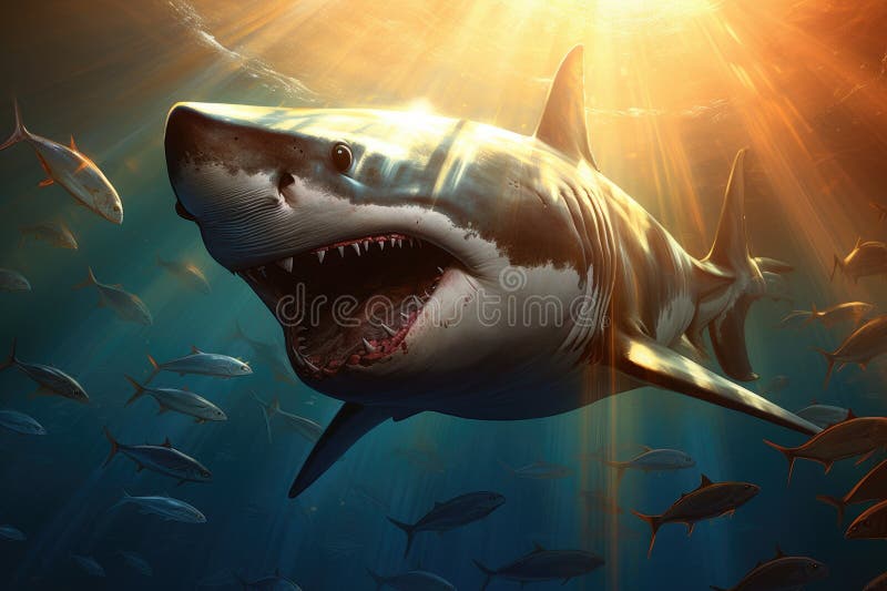 Great White Shark Swimming in the Ocean. 3D Render Illustration, Great ...