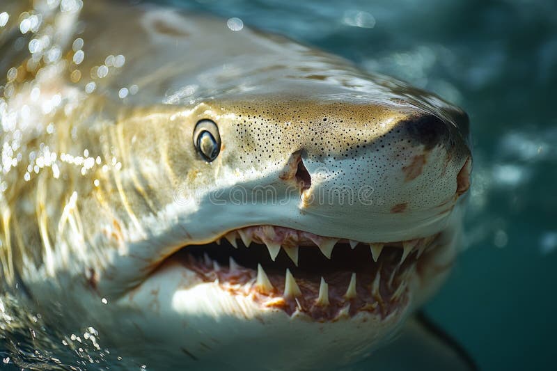 Great White Shark Swimming in the Ocean, Showing Its Teeth Stock Photo ...