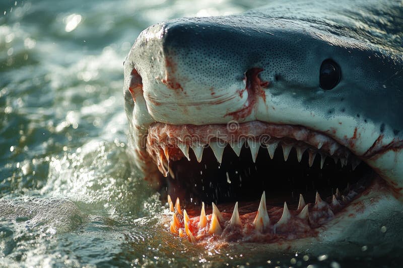 Great White Shark Swimming in the Ocean and Showing Its Teeth Stock ...