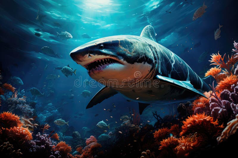 Great White Shark Swimming Underwater Stock Illustration - Illustration ...