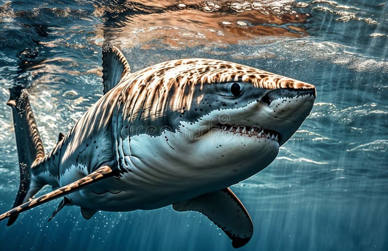 Great White Shark Swimming Underwater Stock Illustration - Illustration ...