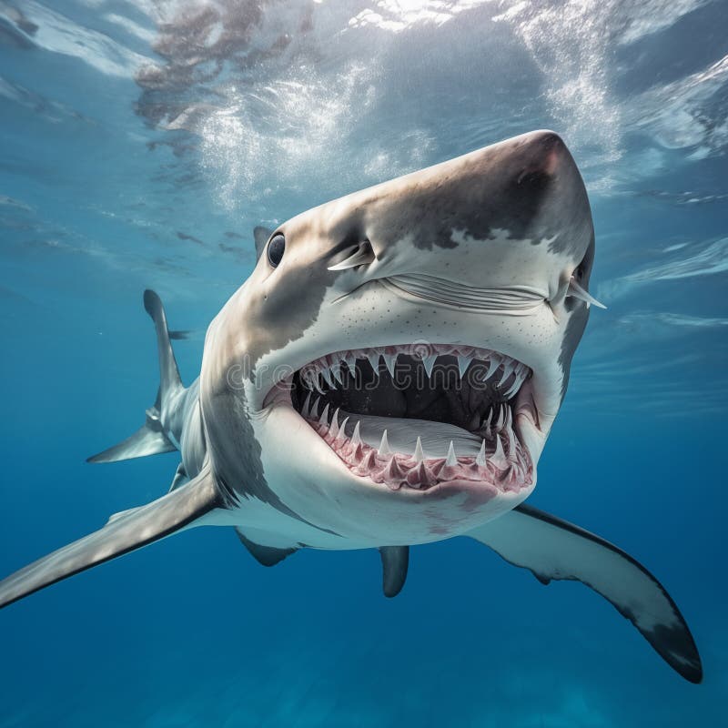 Great White Shark Swimming Underwater with Its Sharp Teeth Exposed in a ...