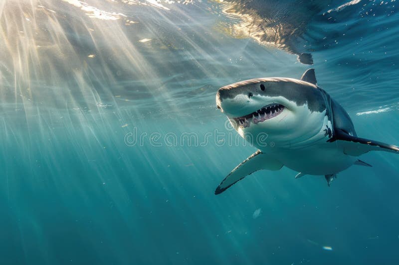 Great White Shark Swimming Underwater with Sunlight Filtering through ...