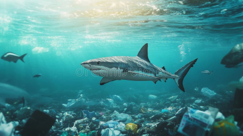 A Great White Shark Swims Above a Seabed Filled with Plastic Waste ...