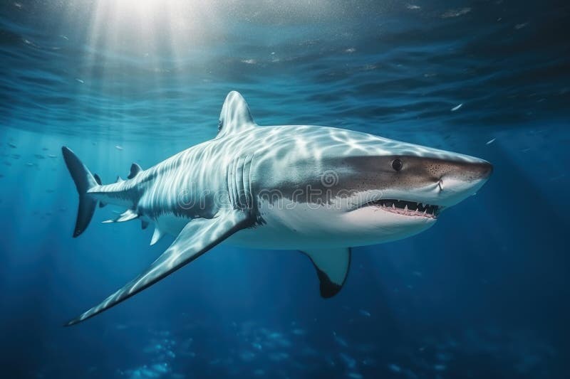 Great White Shark Swims in Blue Ocean Water Stock Illustration ...