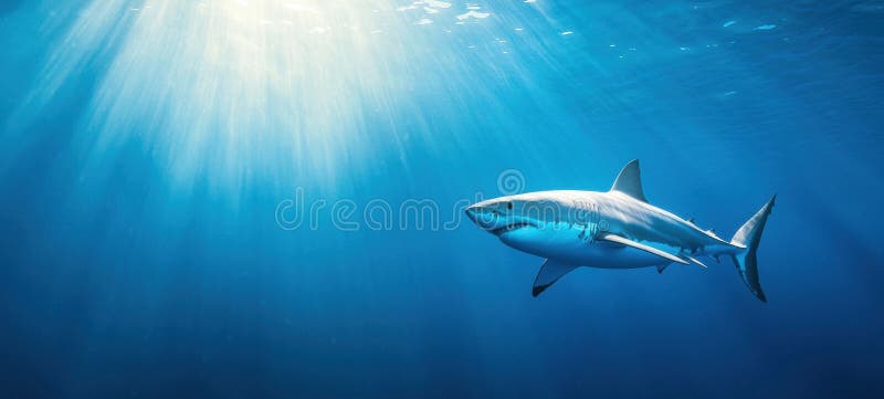 Great White Shark Swims Gracefully Beneath Ocean Surface, Illuminated ...