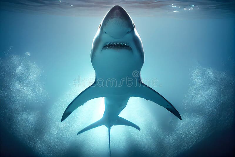 A Great White Shark Swims in the Ocean, View from Below Stock ...