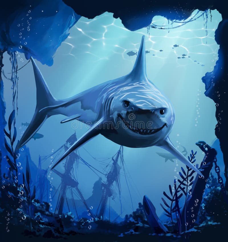 Great White Shark Swims in Underwater Reefs Stock Illustration ...