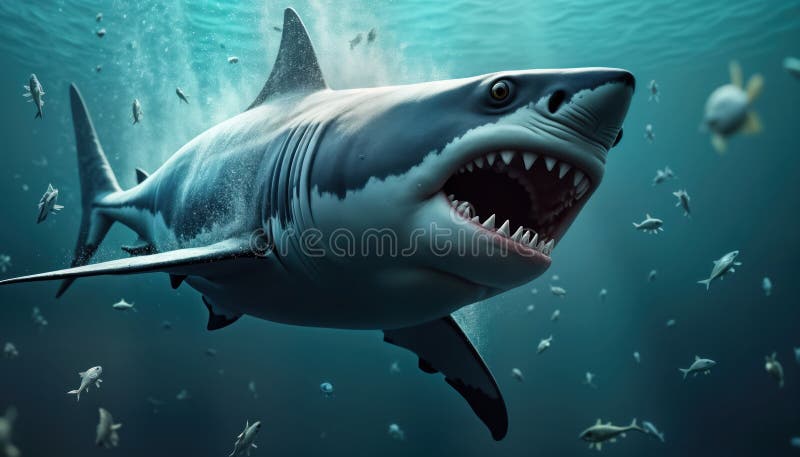 Great White Shark Underwater. Predator in Ocean. Shark Opens Mouth with ...