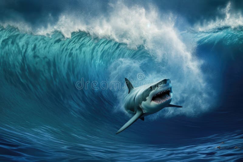 Great White Sharks Fin through Ocean Waves Stock Image - Image of life ...