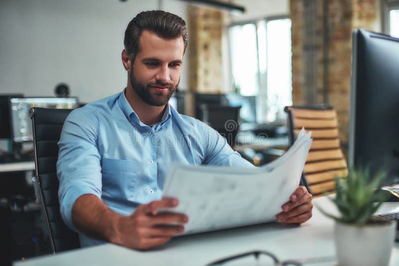 Good Job Concentrated Bearded Engineer In Eyeglasses And Formal Wear
