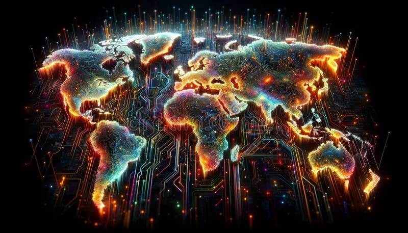 Digital Technological World Map Over Black Backgoround Stock ...