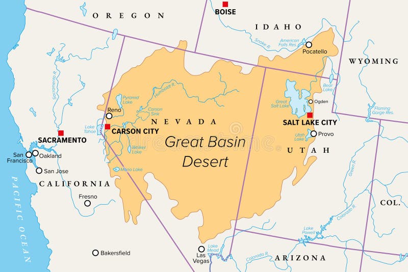 Great Basin Desert, in Western United States, Political Map Stock ...