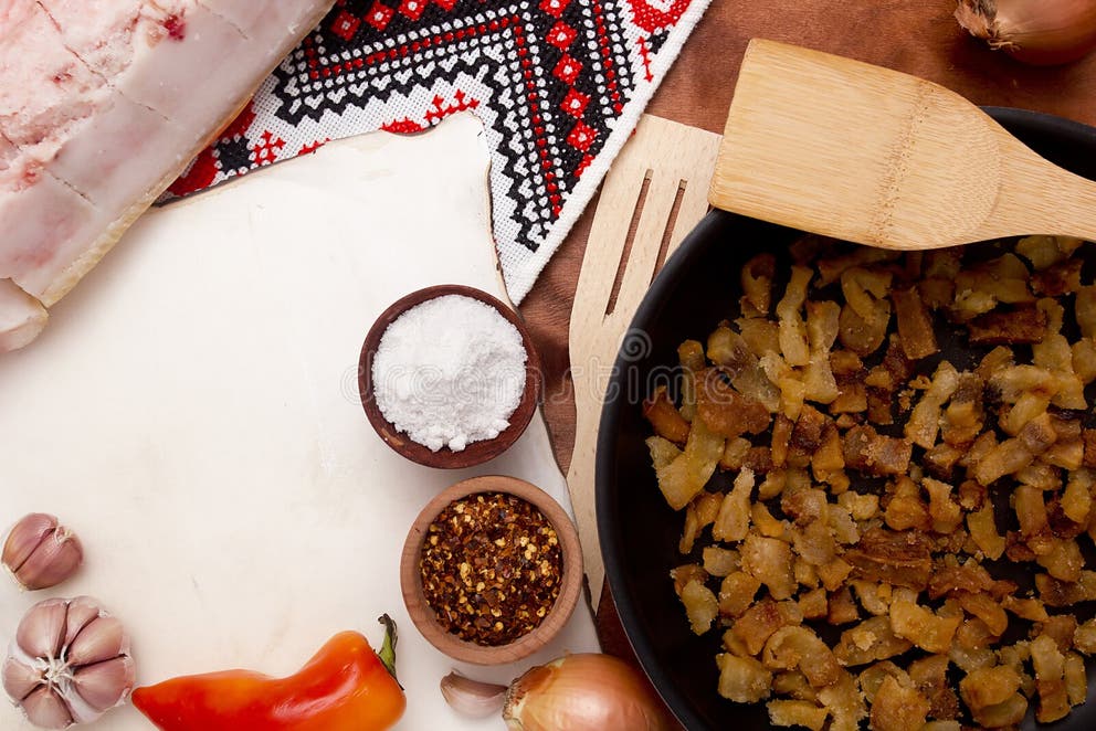 Greaves of fat stock image. Image of overhead, food, embroidery - 63142151