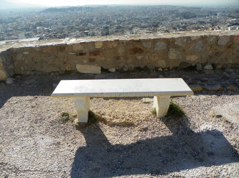 Greece, Athens, Akropolis, White Marble Bench and a View of the City ...