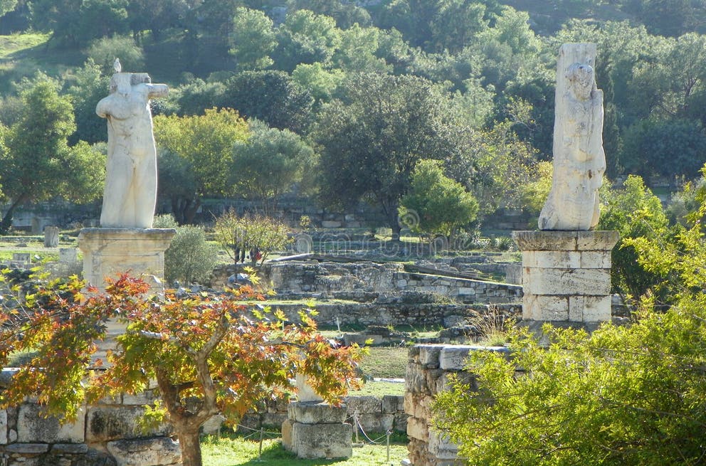 Greece, Athens, Odeon of Agrippa Statues in Ancient Agora Editorial ...