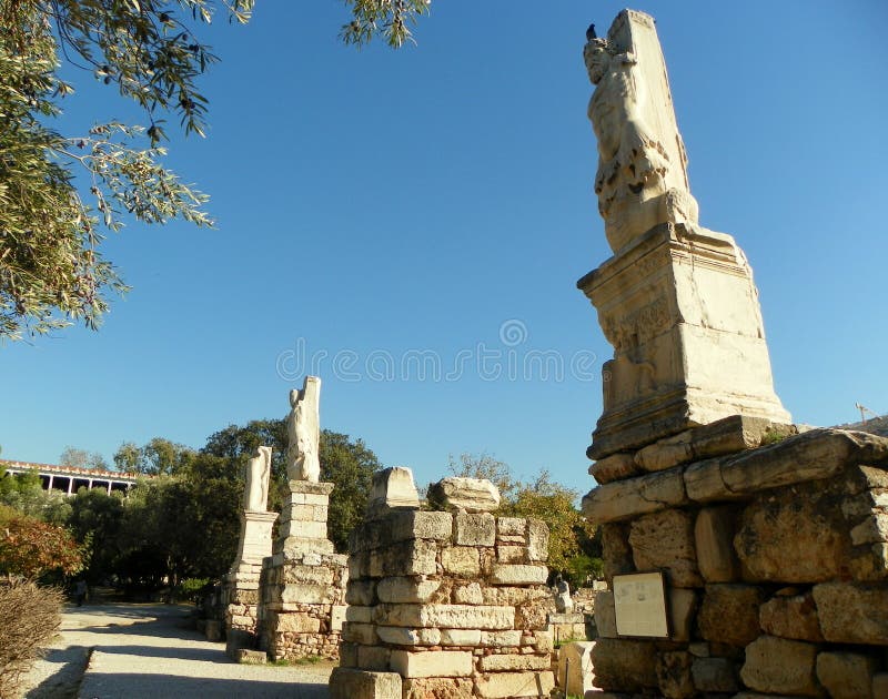 Greece, Athens, Odeon of Agrippa Statues in Ancient Agora Editorial ...
