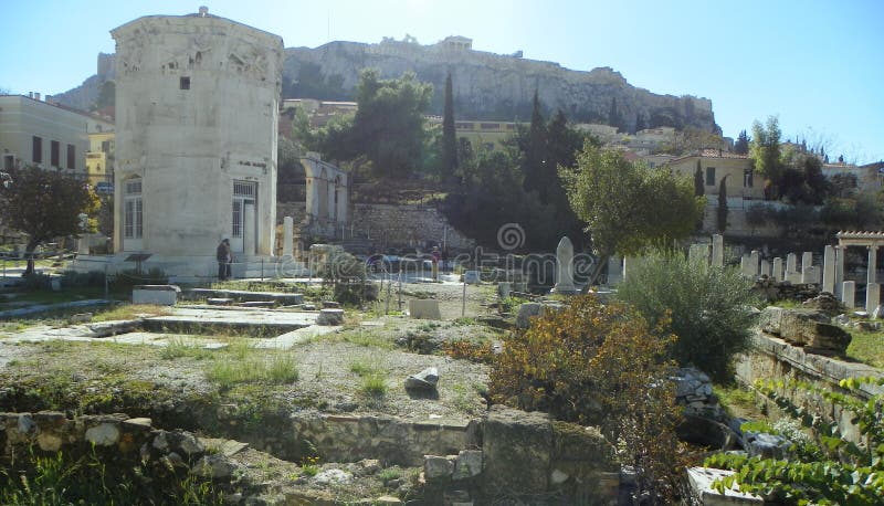 Greece, Athens, View of the Tower of the Winds and the Acropolis Stock ...