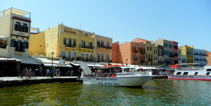 Greece, Crete, Chania, Chania Old Port, Panorama of the Port and Pier ...