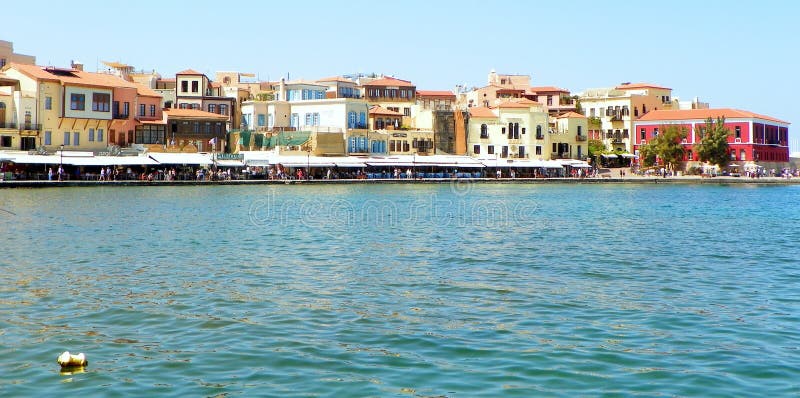 Greece, Crete, Chania, Chania Old Port, Panorama of the Port and Pier ...