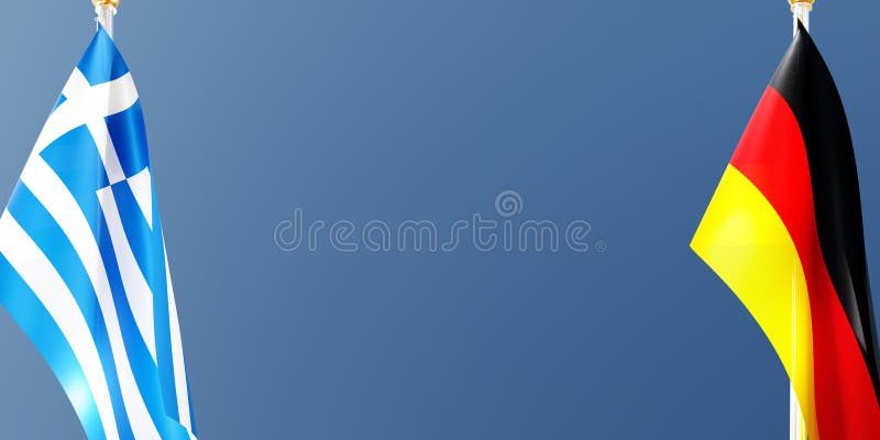 Greece and Germany Flag on a Flagpole, 3D Image. Greece and German ...