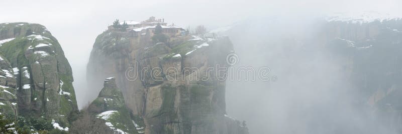 Greece. Meteora Monastery in Winter Fog. Panorama Stock Image - Image ...