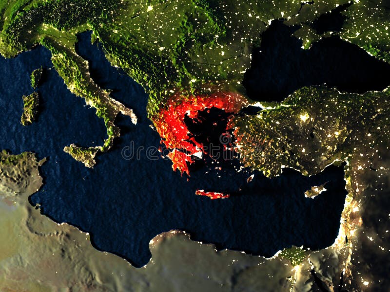 Greece from space on Earth stock photo. Image of night - 135845368
