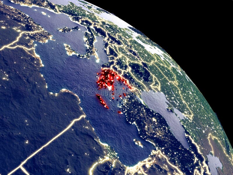 Greece at night from orbit stock illustration. Illustration of world ...