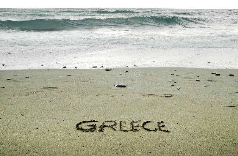 Greece written in sand stock image. Image of shore, coast - 67249185