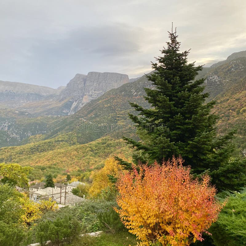 Beautiful View of Pindus Mountains with Trees of Autumn Color in Greece ...