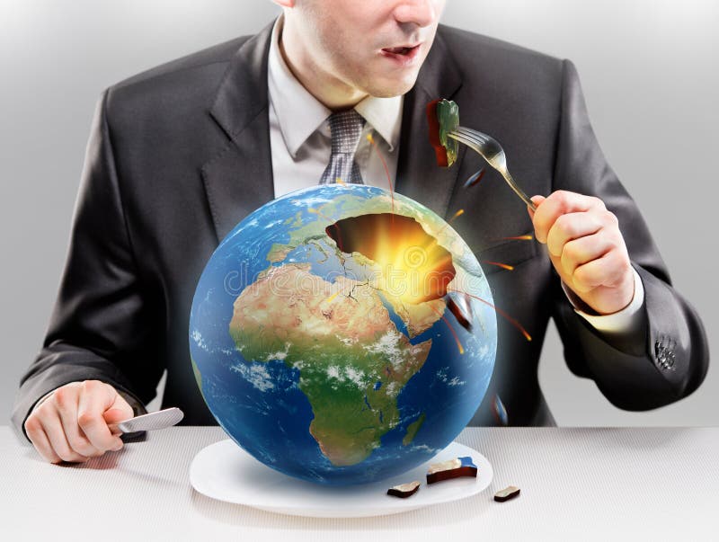 Greedy Businessman Eating Planet Earth Stock Photo - Image of destroy ...