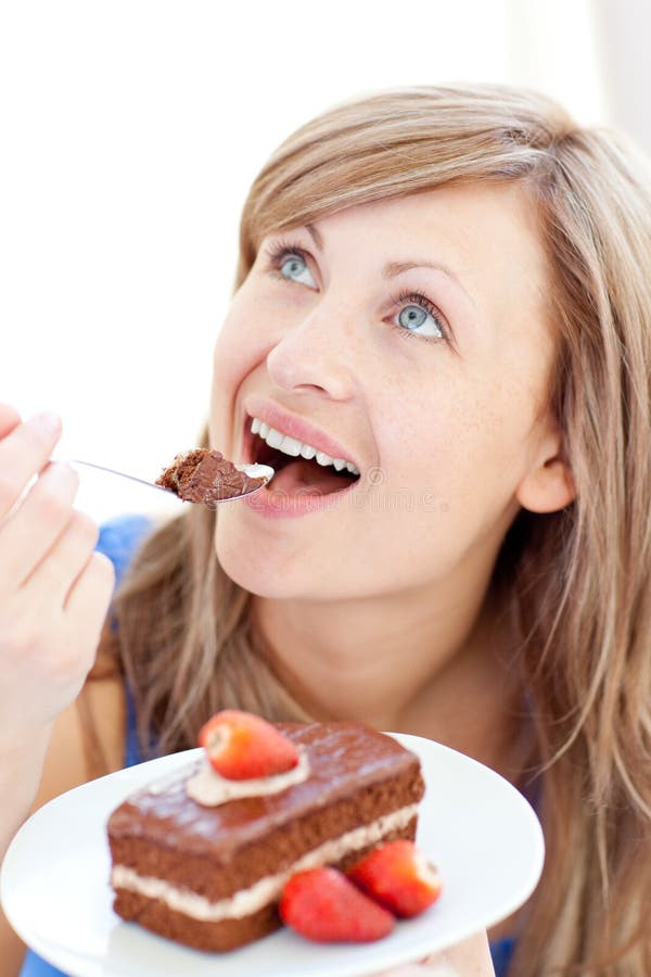 Greedy Woman Eating a Piece of Chocolate Cake Stock Photo - Image of ...
