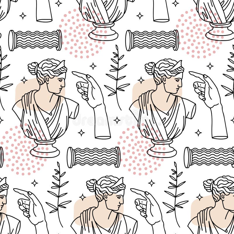 Greek Ancient Sculpture Seamless Pattern with Abstract Linear Elements ...